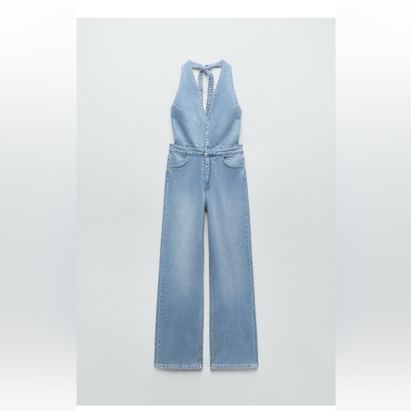 Zara | Jeans | Zara Blue Denim Overalls With Halter Top And Wide Leg ...